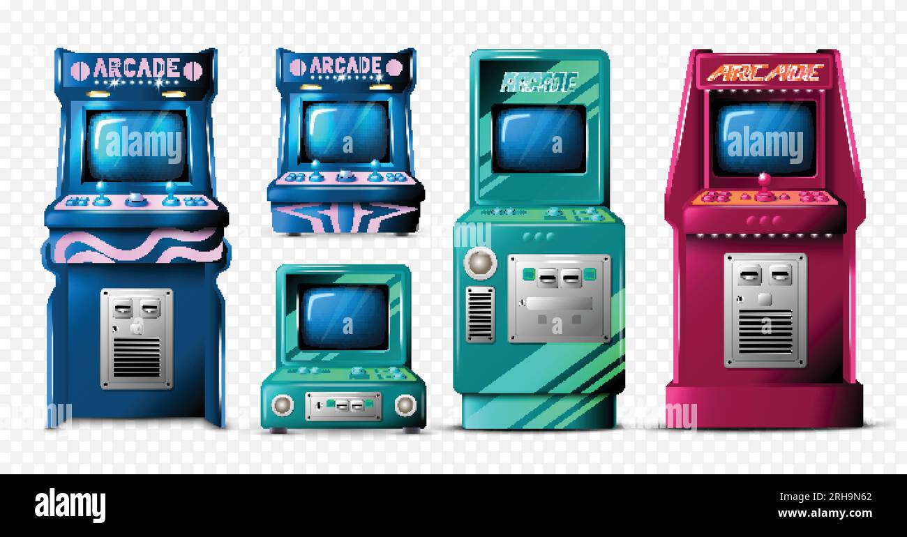Realistic arcade game set on transparent background with isolated retro game playing machines of ...