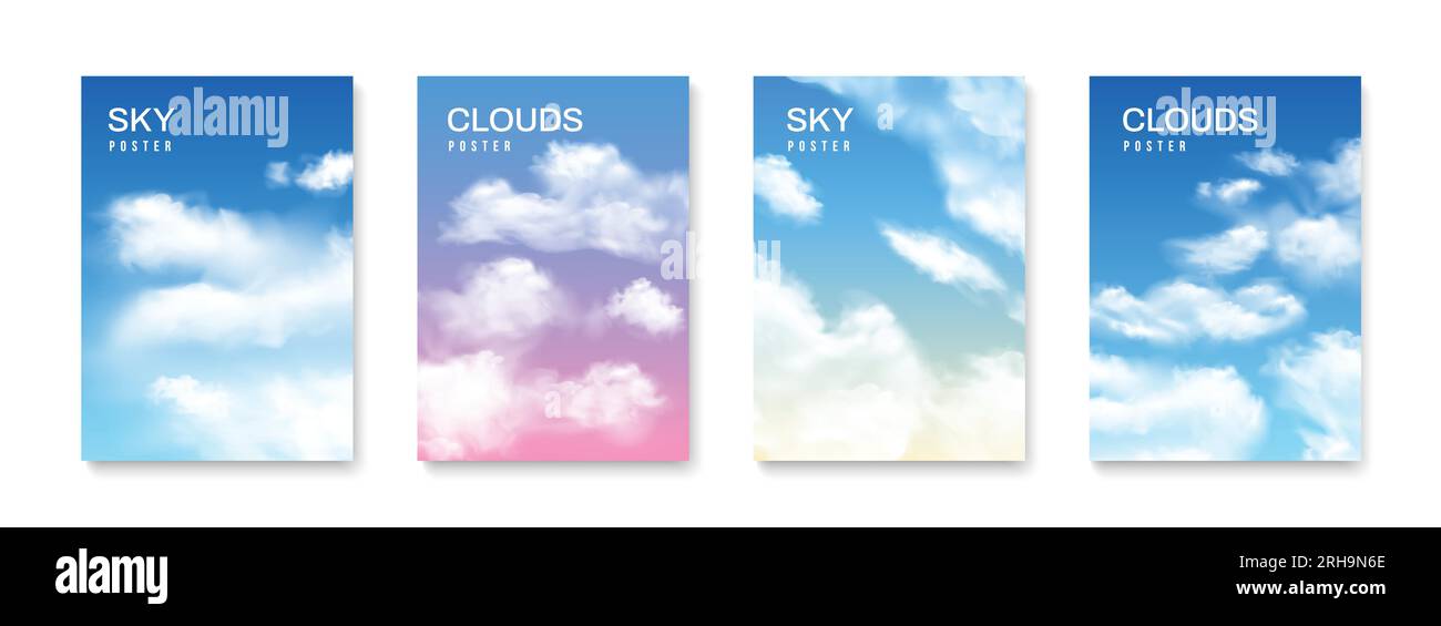 Realistic cloud sky poster set of four isolated vertical compositions with text colored sky and ...