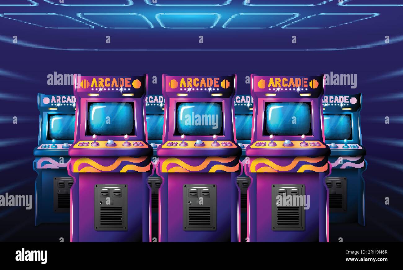 Realistic arcade game composition with indoor cyberpunk style interior and rows of vintage game ...