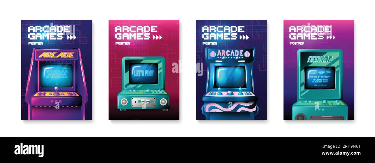 Arcade game realistic poster set with videogame leisure symbols ...