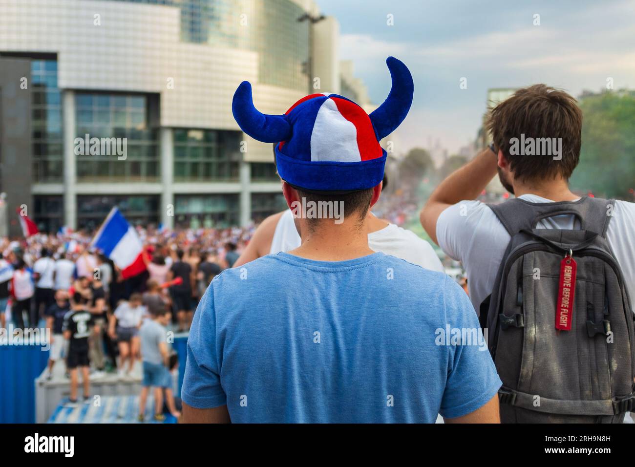Paris, France, 2018. Man on the July Column sporting a soccer fan hat ...
