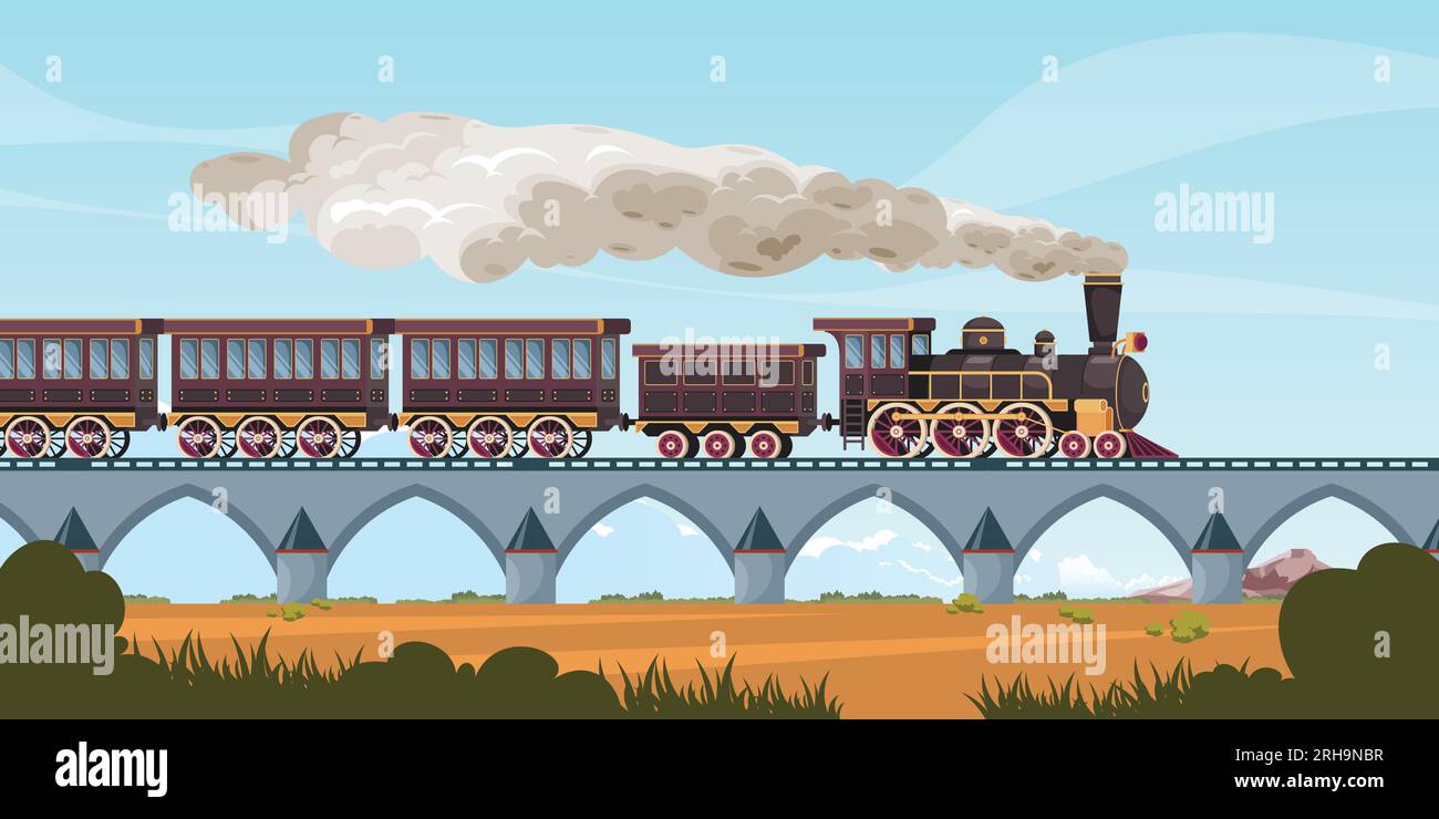 Vintage passenger carriage background with locomotive and train realistic vector illustration ...