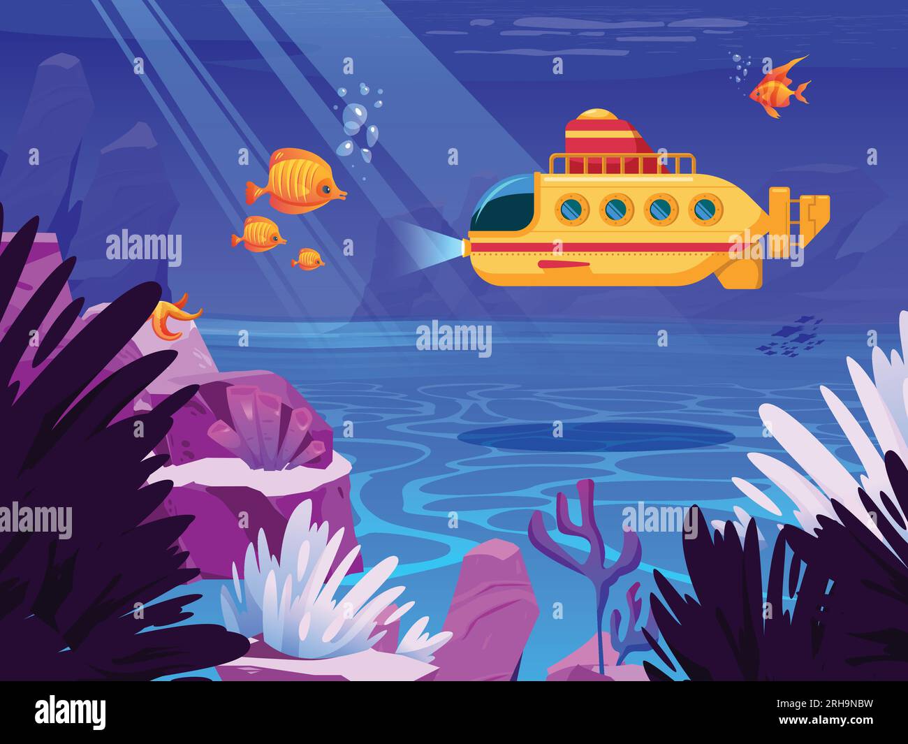 Submarine realistic background with underwater research symbols ...