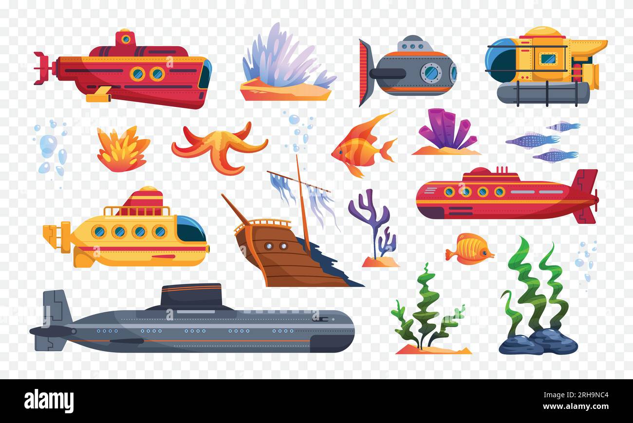 Submarine icons transparent set with underwater panorama symbols ...