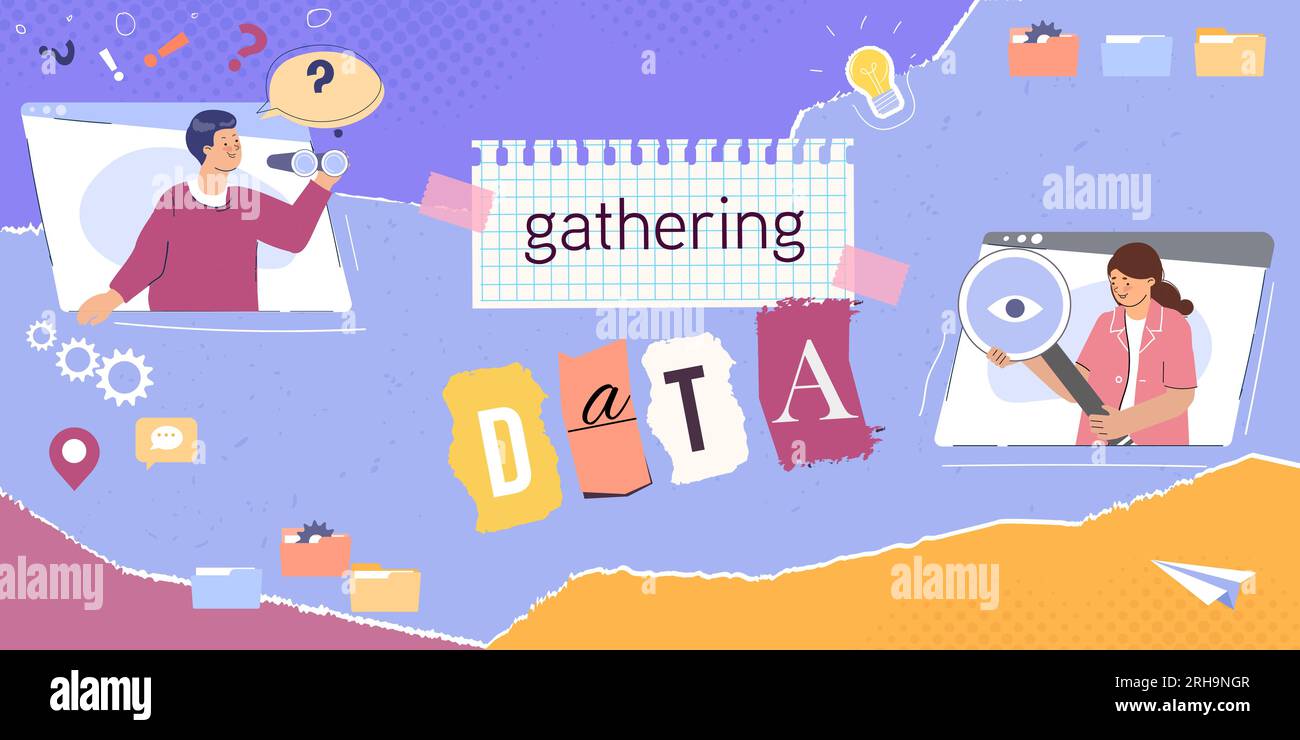 Gathering data flat collage with male and female characters searching and processing information ...