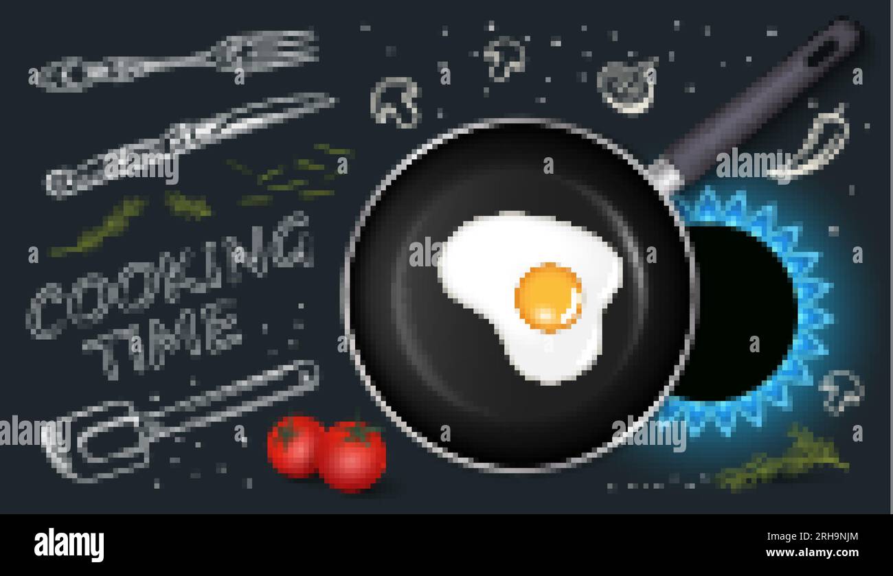 Cooking time realistic collage at chalkboard background with scrambled ...