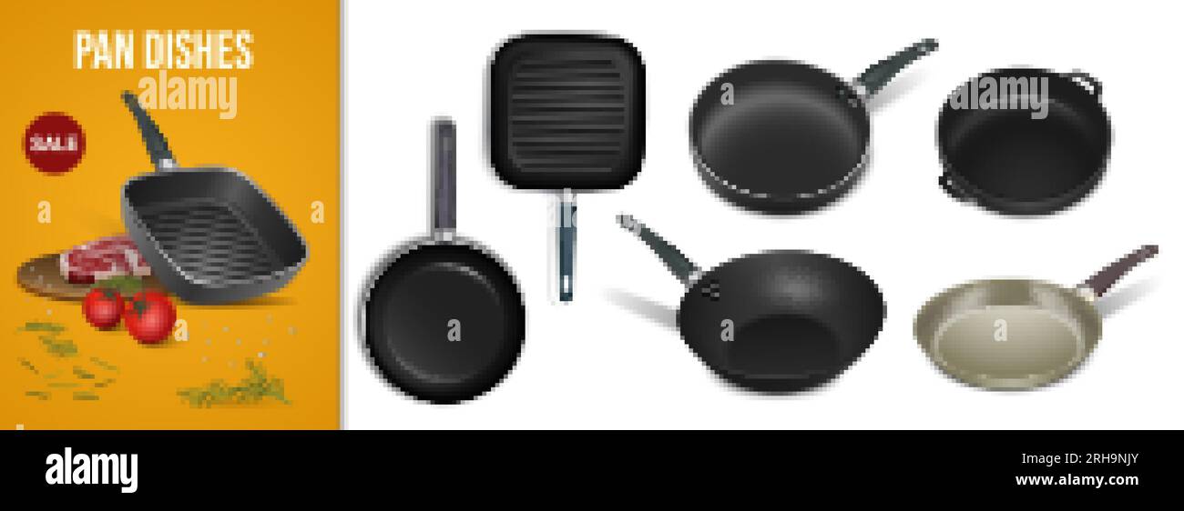 Pan dishes realistic composition with set of utensil with non stick ...