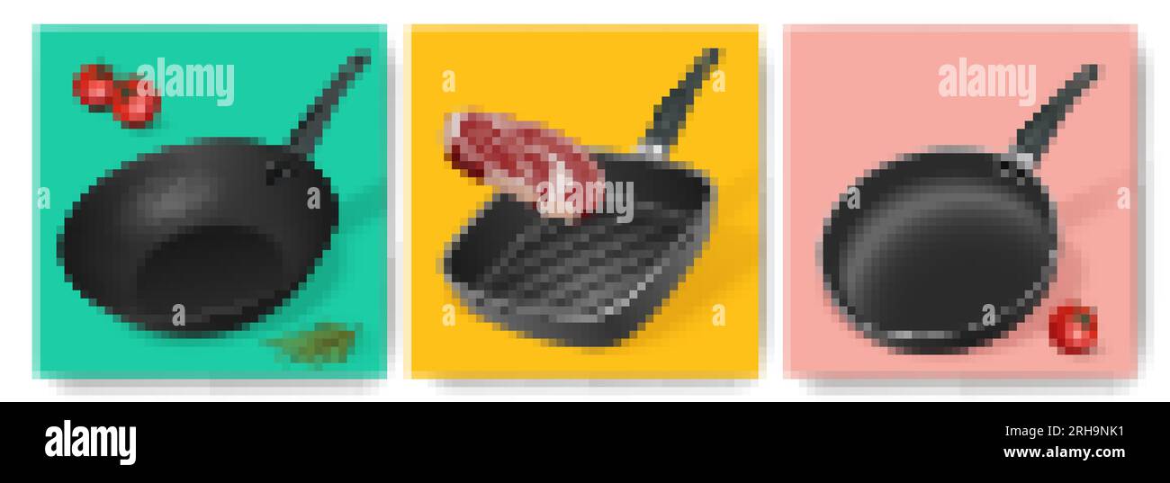 Pan dishes three square realistic illustrations with different forms ...