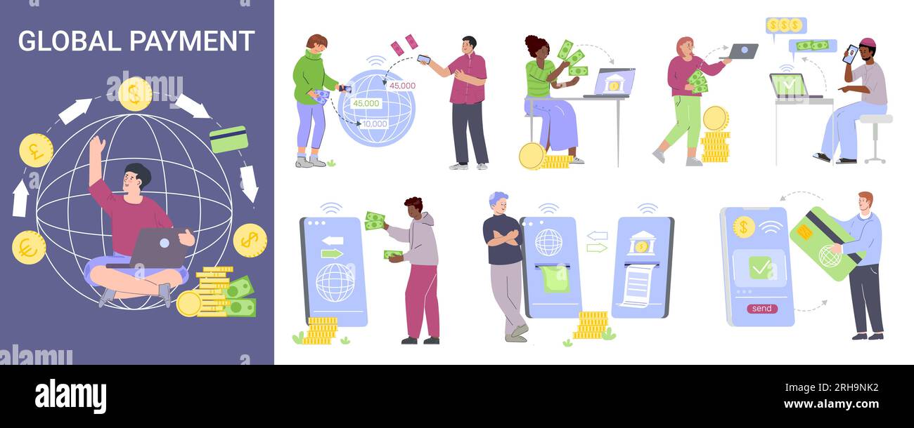 Global payment flat composition with people using online banking for ...