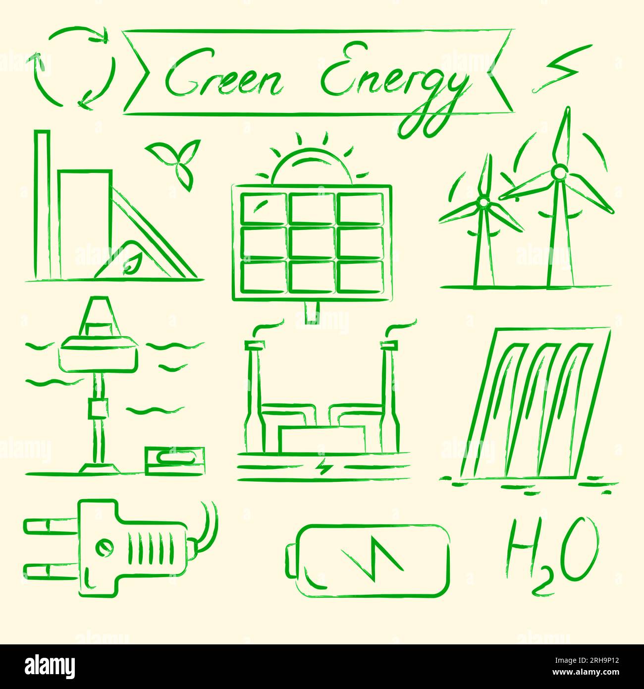 Collection of renewable energy hand drawn style icons. Different types ...