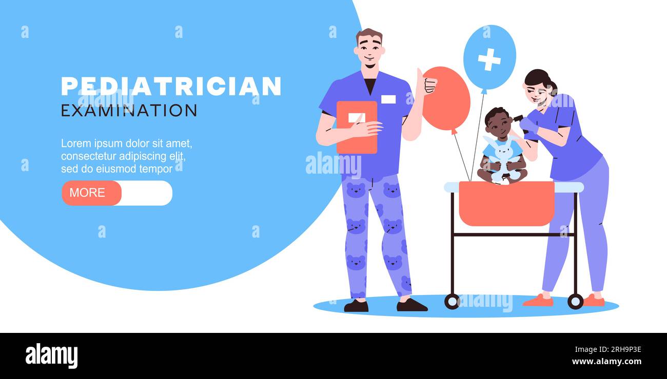 Pediatrician horizontal flat banner with doctors examining ears of ...