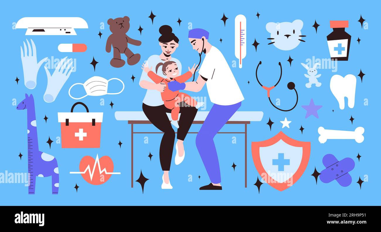 Big set of objects and tools for pediatric room and male pediatrician ...