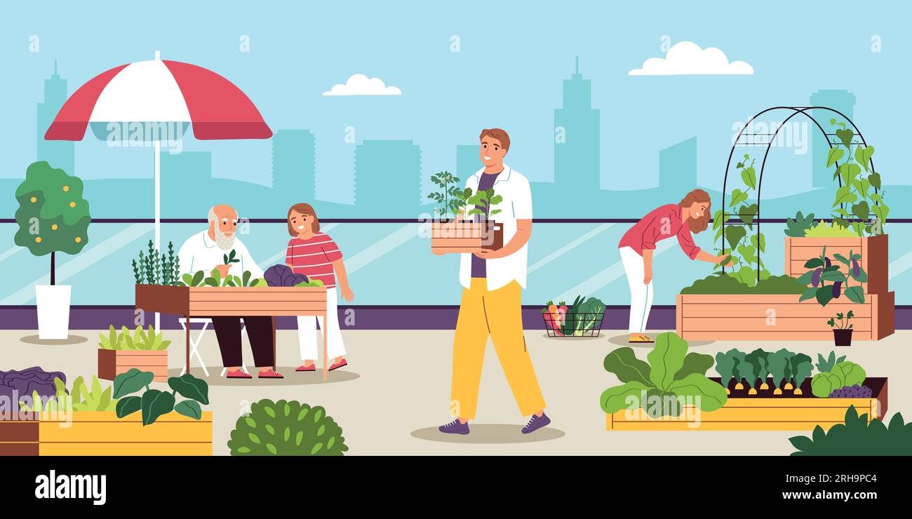 Community garden in city flat background with people decorating street ...