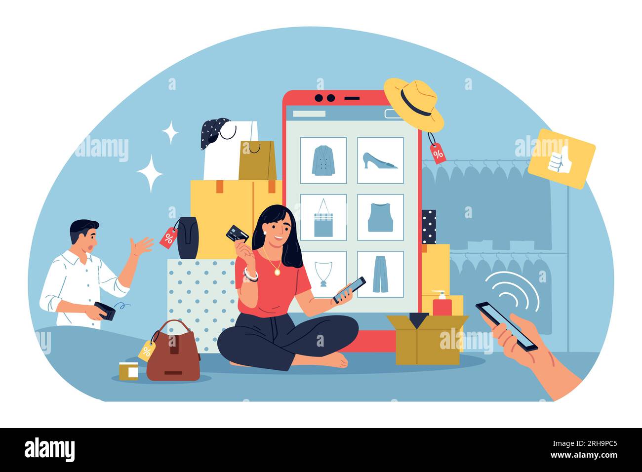 Bad habits flat background with people having shopping addiction making ...