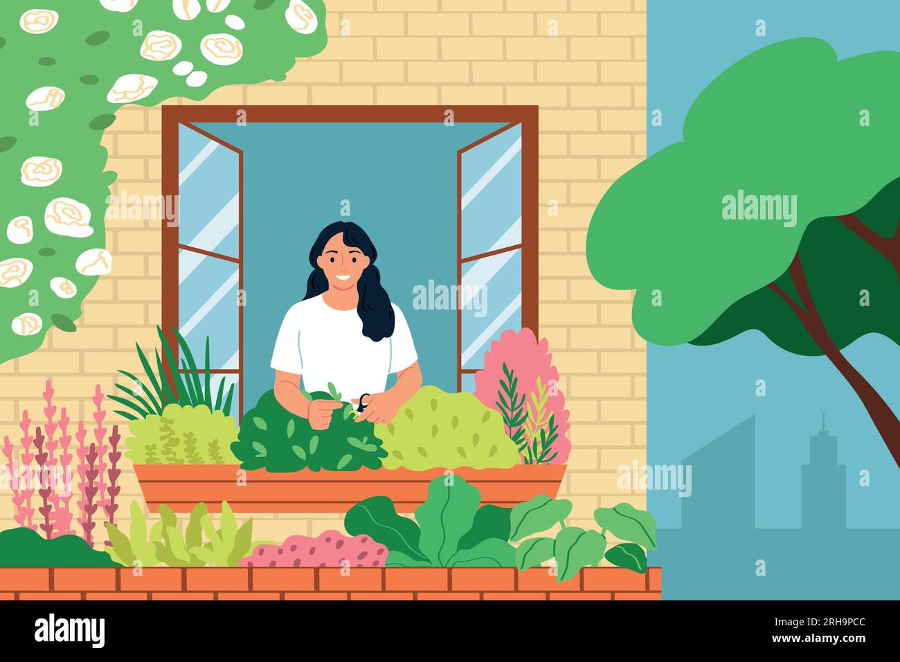Community garden flat poster with funny girl planting flowers on her windowsill cartoon vector ...