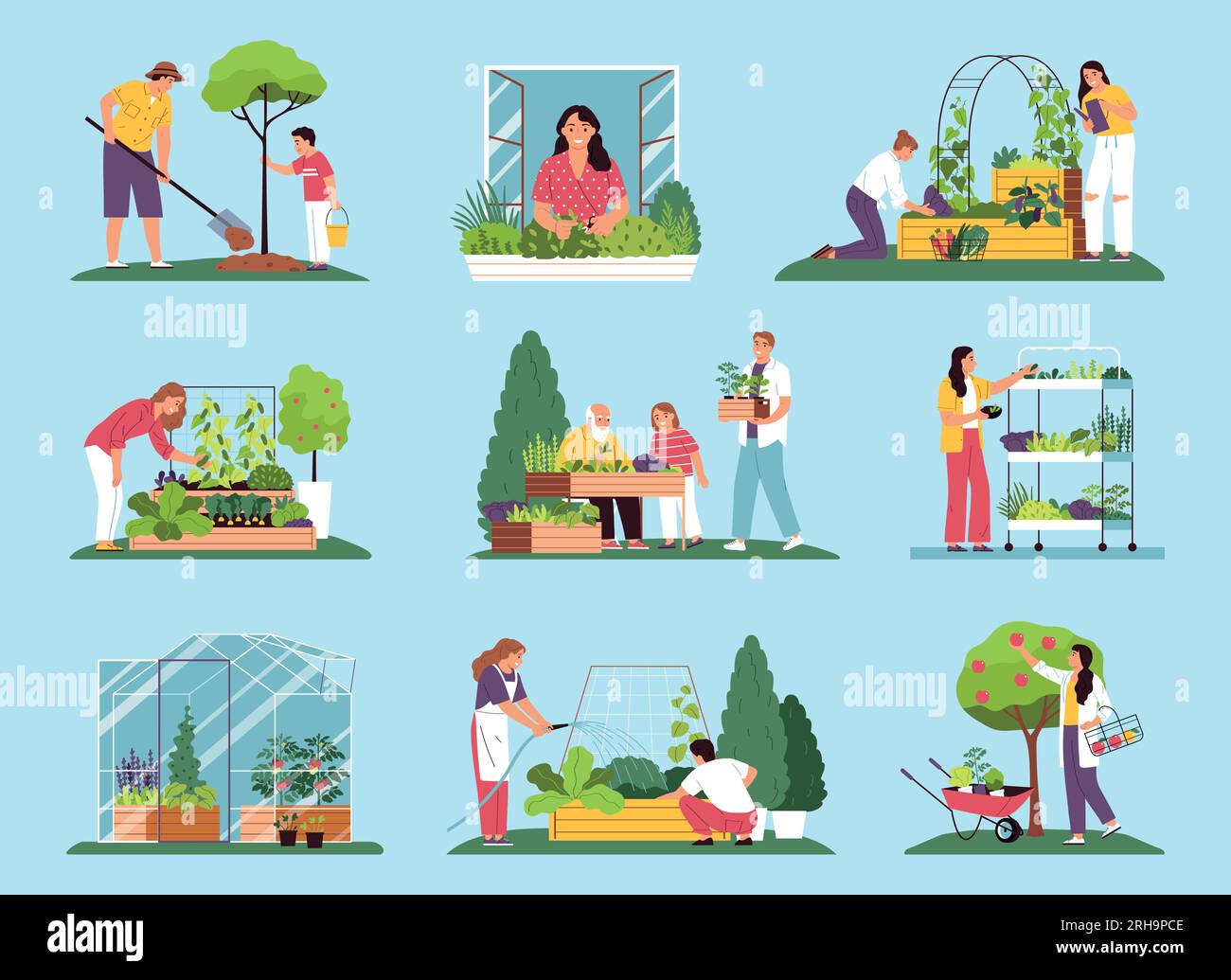 Community garden flat color set of people engaged in landscaping of ...