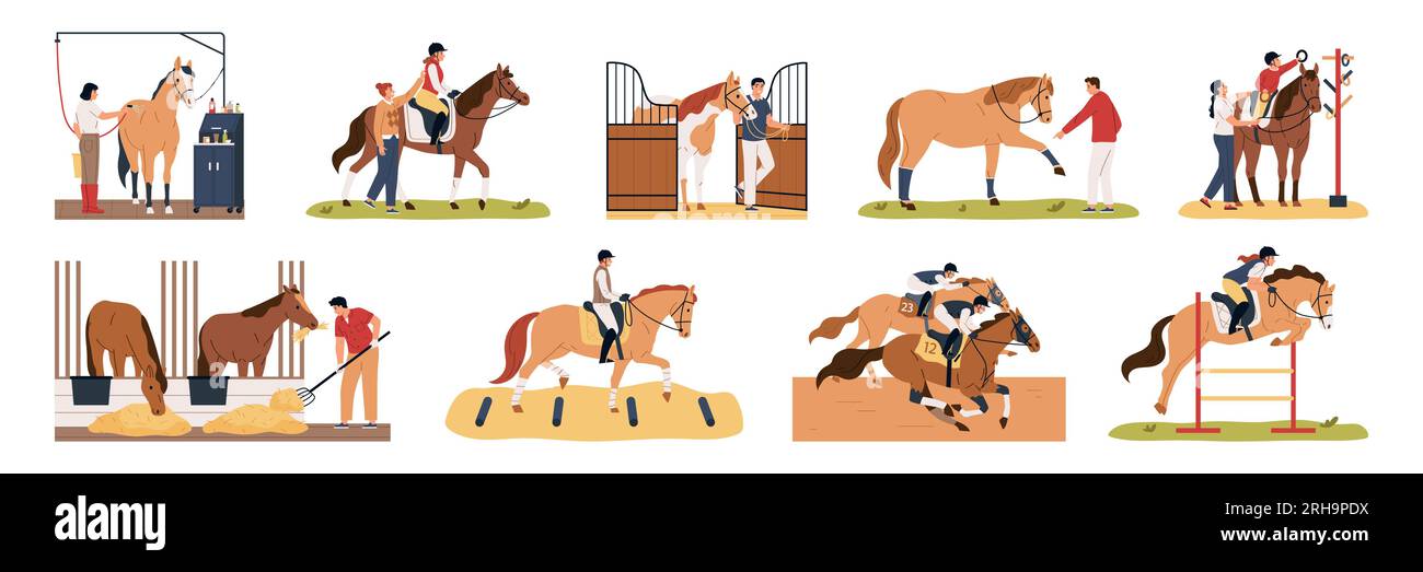 Horse and people flat set of animals equestrians stable workers ...