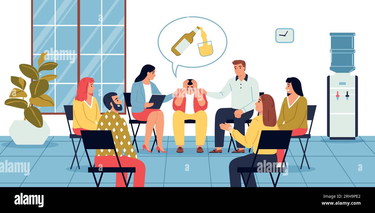 Group therapy in alcoholics anonymous club flat background with ...