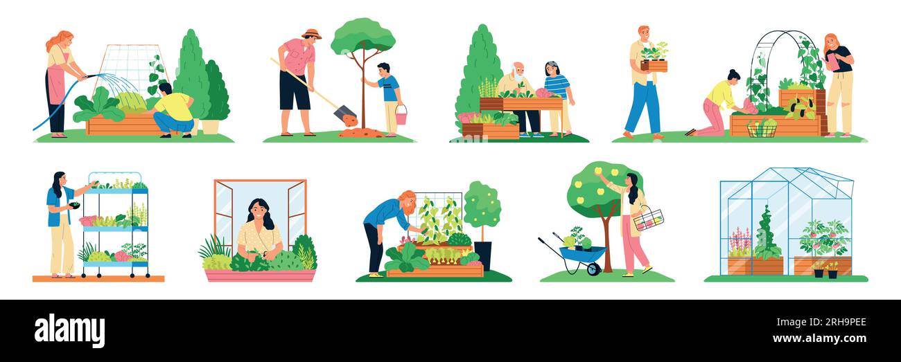 Community garden flat set of people decorating city parks and houses ...