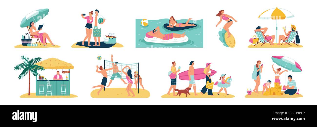 Summer vacation flat set of people resting sunbathing swimming relaxing ...