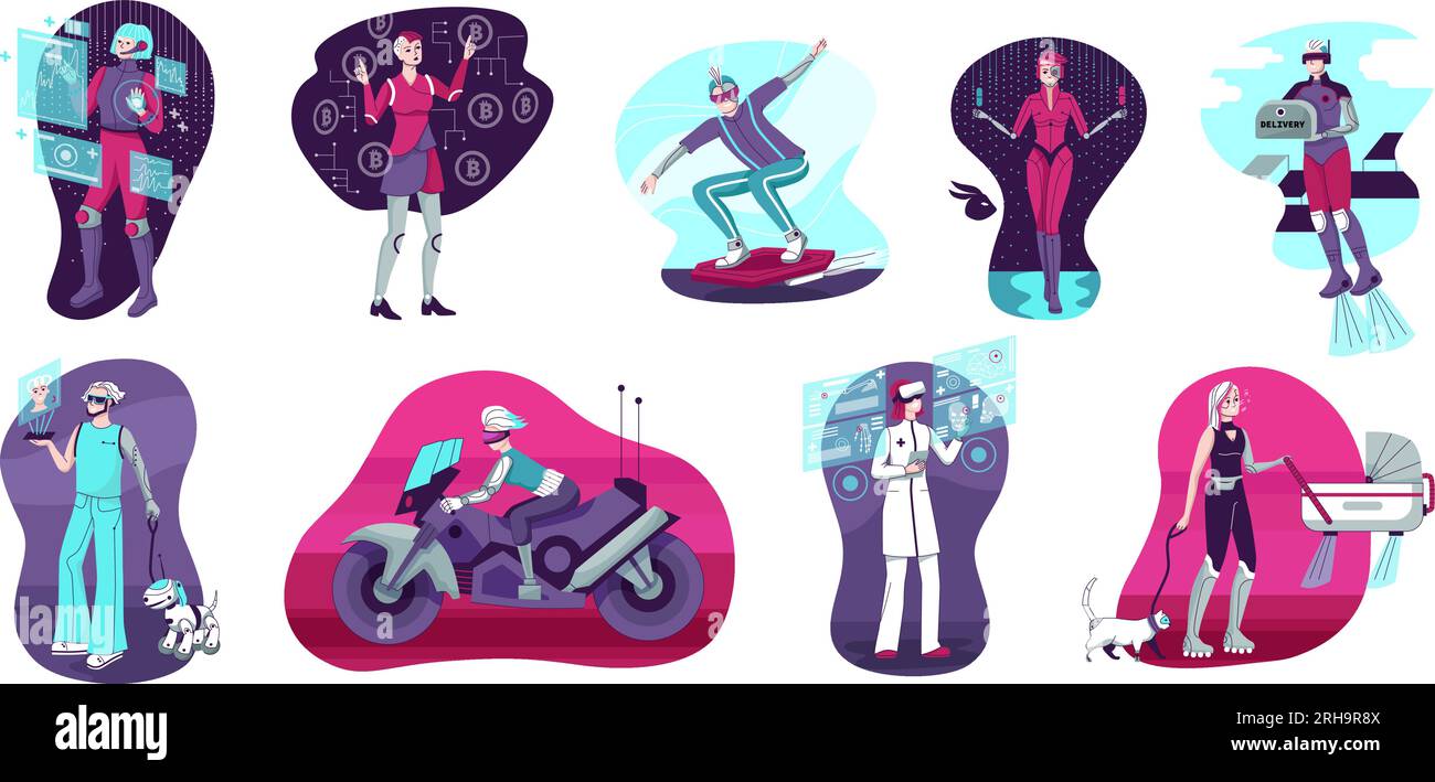 Cyberpunk people flat set of human characters in futuristic outfit ...