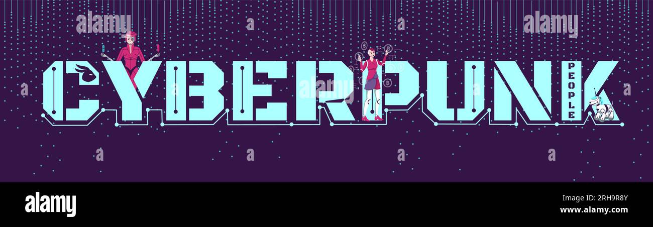 Cyberpunk people flat header with big letters and small human ...