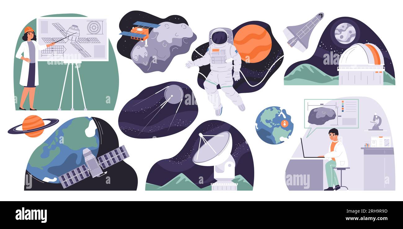 Space industry set of satellites and scientists flat isolated vector ...