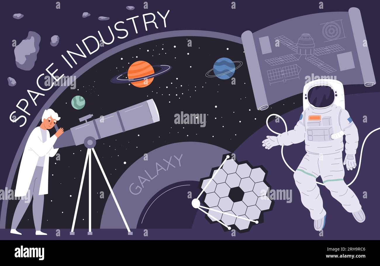 Space industry flat collage with astronaut in spacesuit and scientist ...