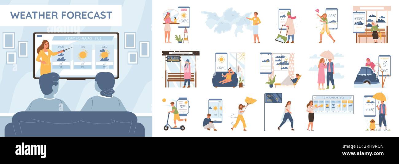 Flat composition set of people walking in different weather and news ...