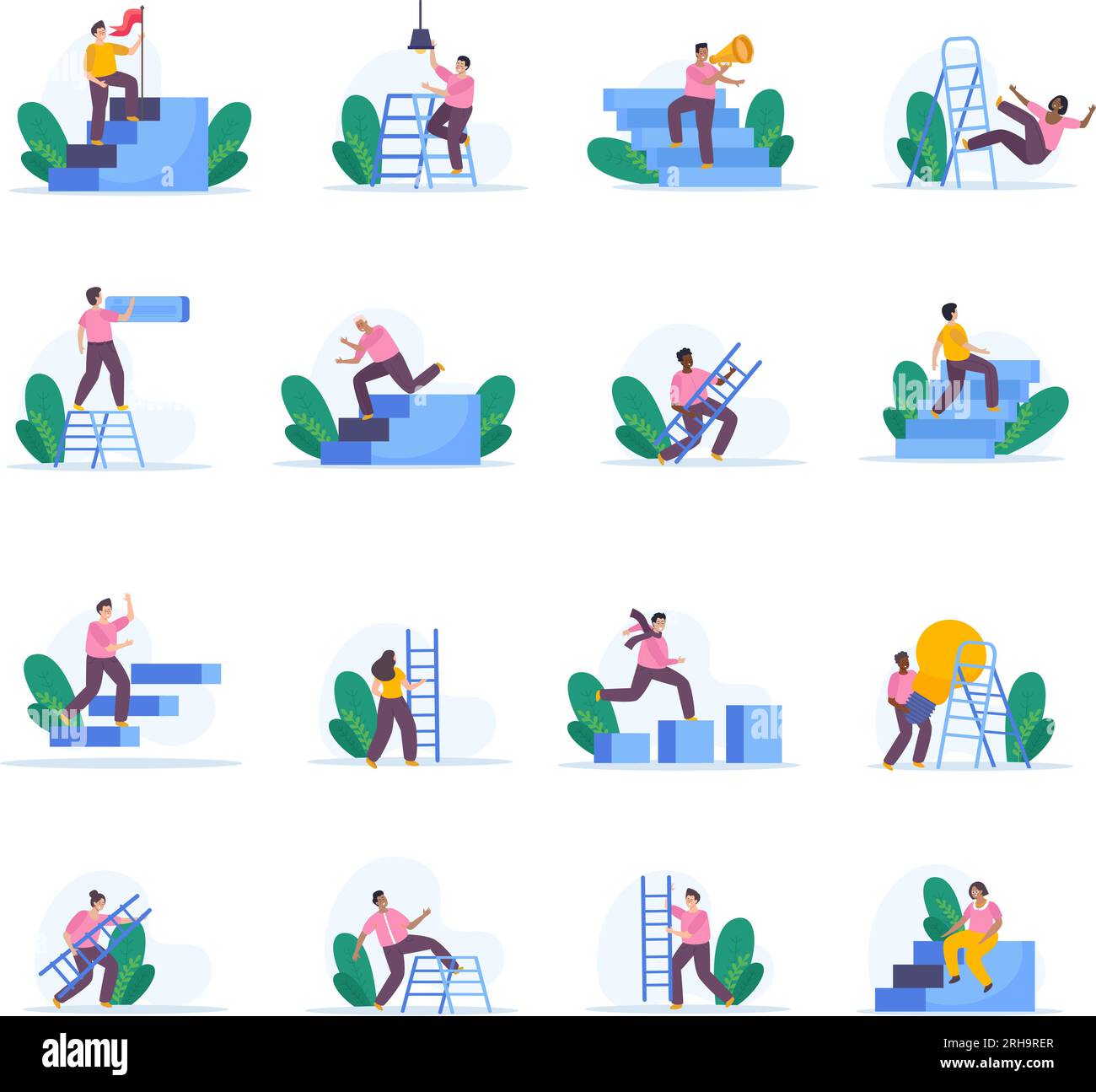 Man with ladder flat icons set with isolated human characters moving on ...