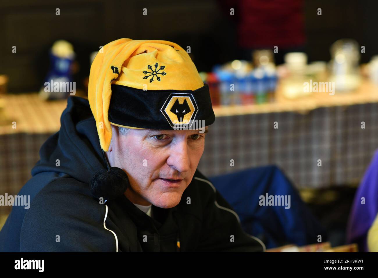 Former Wolverhampton Wanderers footballer wearing a festive Wolves hat ...