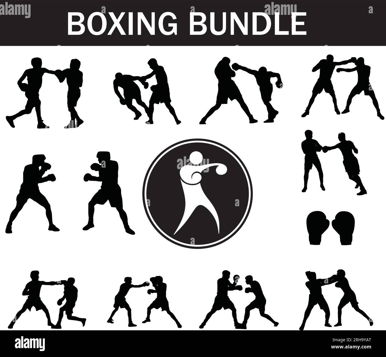 Boxing Silhouette Bundle | Collection of Boxing Players with Logo and Boxing Equipment Stock ...