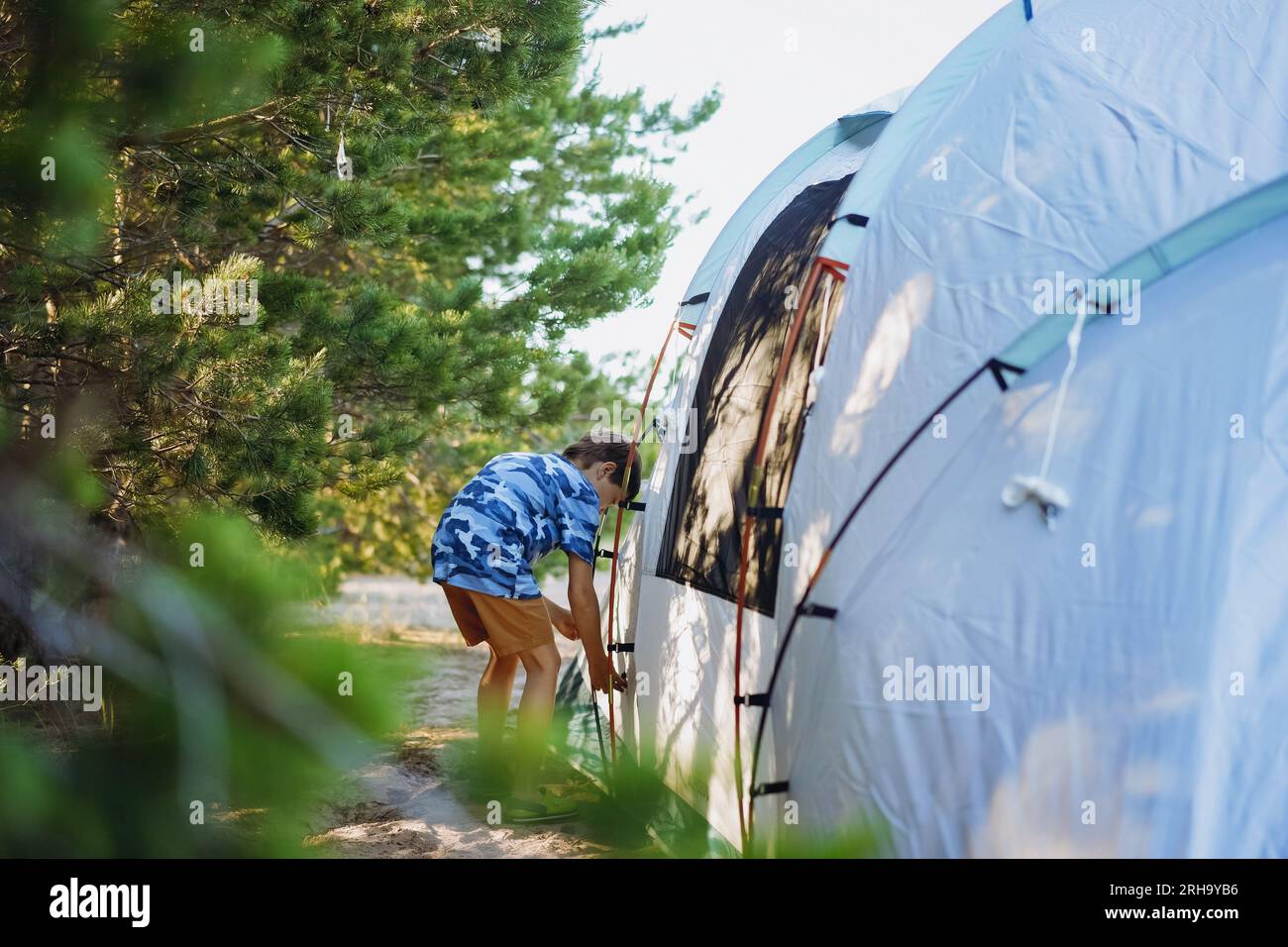 cute little caucasian boy helping to put up a tent. sunset shadows from trees. Family camping ...