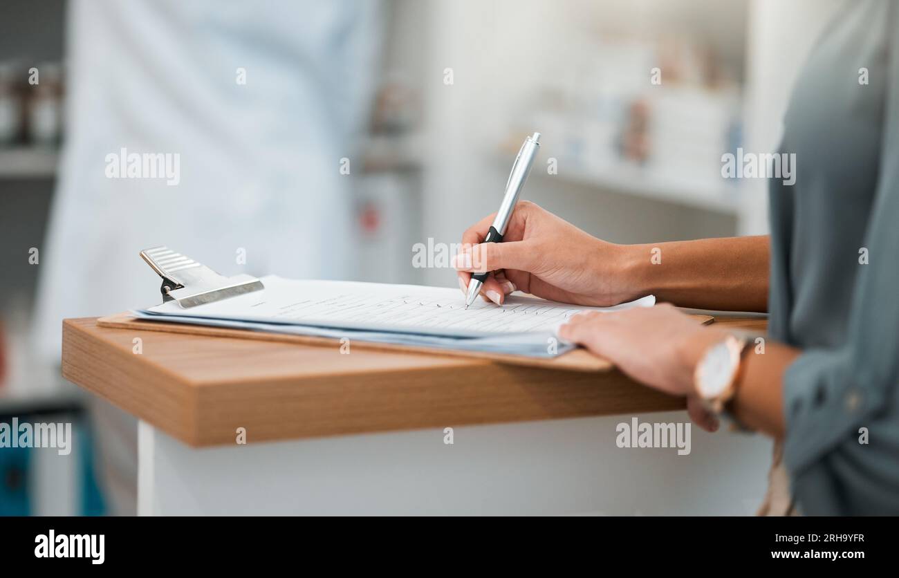 Hands of woman at pharmacy, clipboard and medical insurance information ...