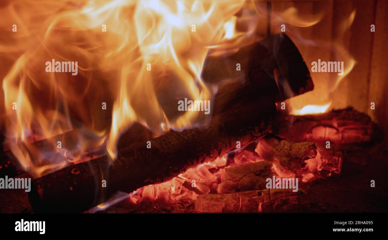 Fire flames and burning wood logs, fireplace close up, Warm home in ...