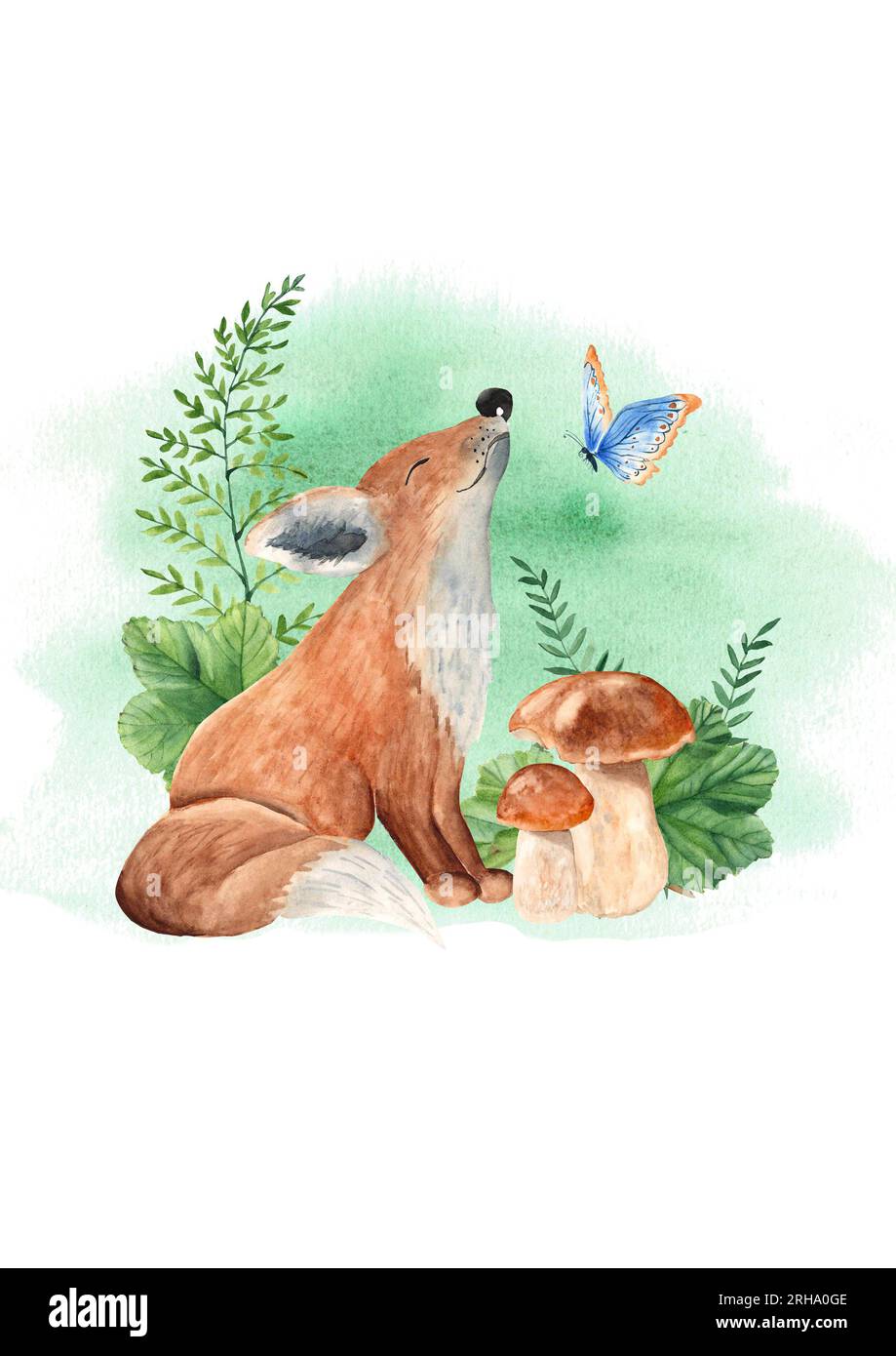 Card template with cute baby fox with butterfly, mushrooms, fern, green ...