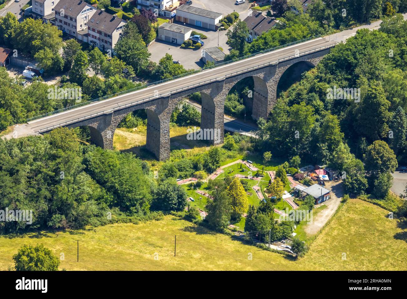 Aerial view, star golf mini golf course with red railroad, at ...