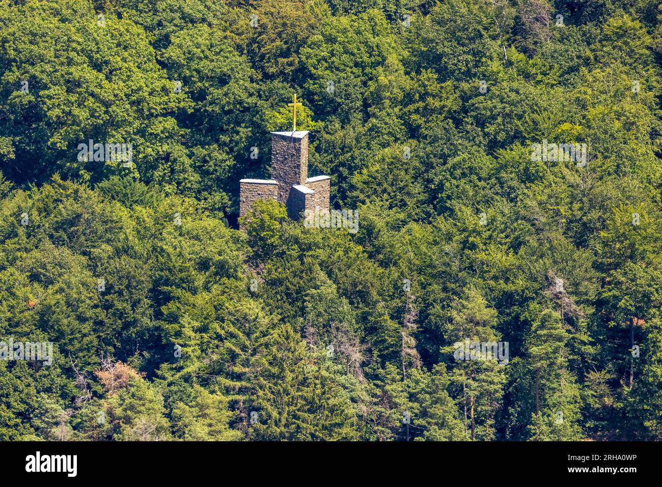 Aerial view, memorial in city forest, monument with cross, Gevelsberg ...