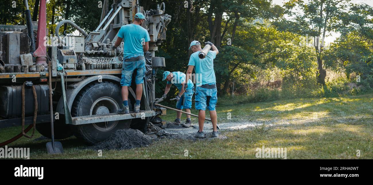 Water well drilling rig preparing to boring dowin into the earth Stock ...