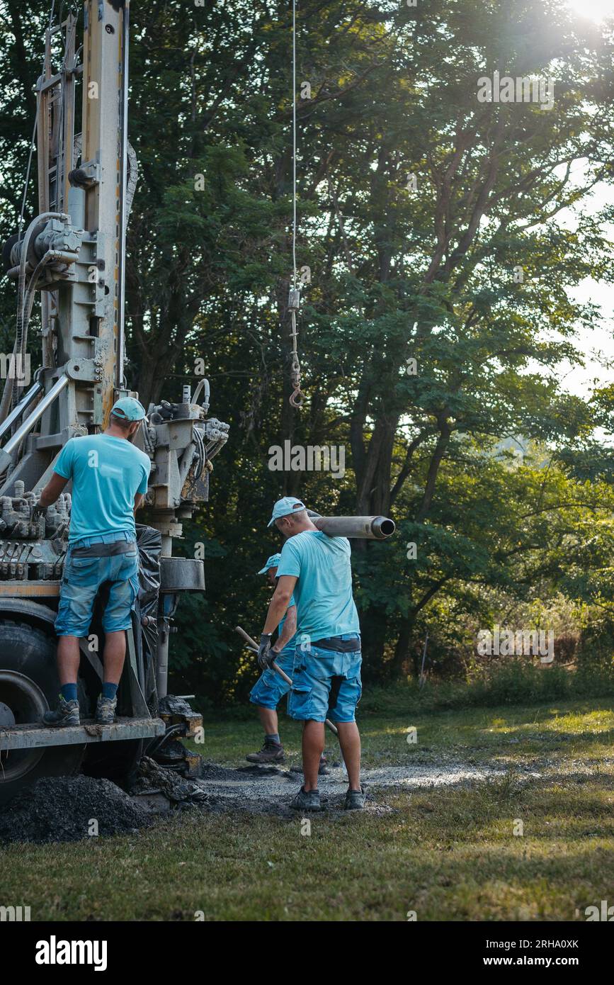 Water well drilling rig preparing to boring dowin into the earth Stock ...