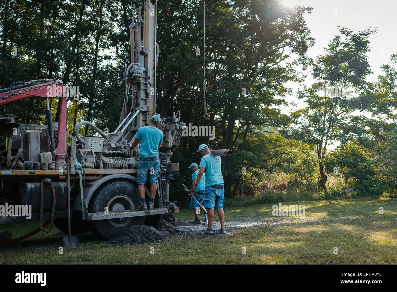 Water well drilling rig preparing to boring dowin into the earth Stock ...