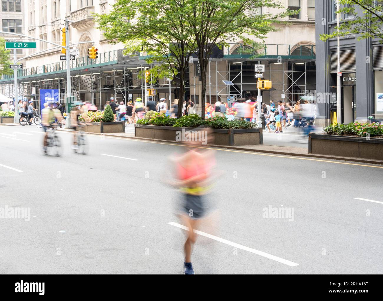 New York, NY, USA - August 12th, 2023 - bikers and pedestrians enjoy ...