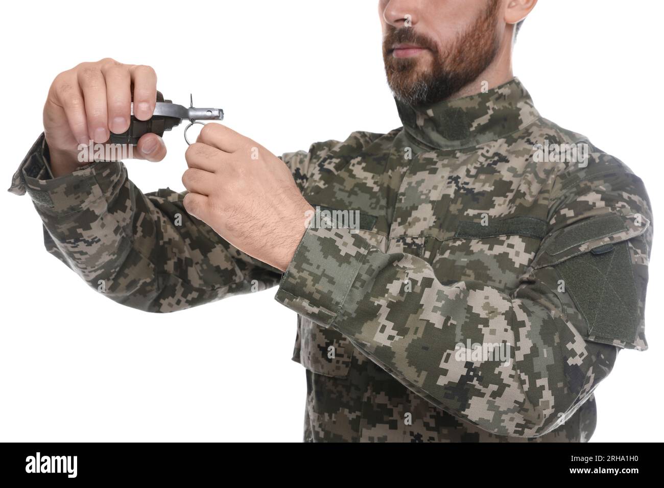 Soldier pulling safety pin out of hand grenade on white background ...
