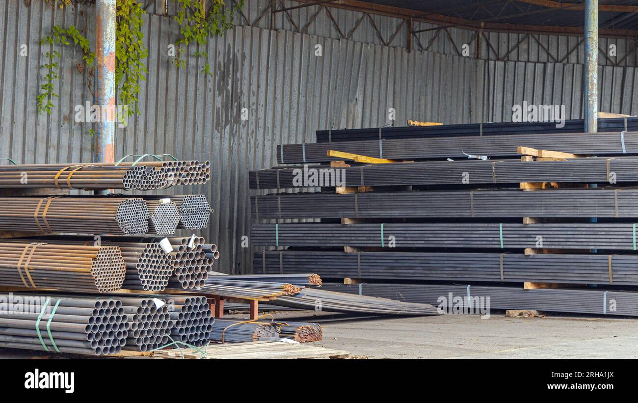 Steel Pipes Profiles in Construction Material Warehouse Storage Stock ...