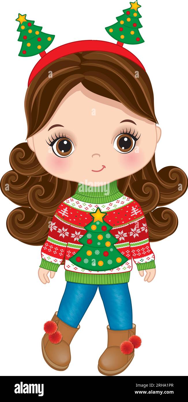 Vector Cartoon Cute Girl in Christmas Sweater Stock Vector Image & Art ...