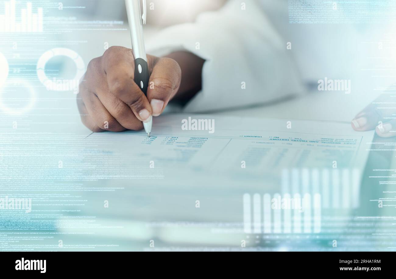 Medical survey, overlay and hands of person writing answer, clinic ...