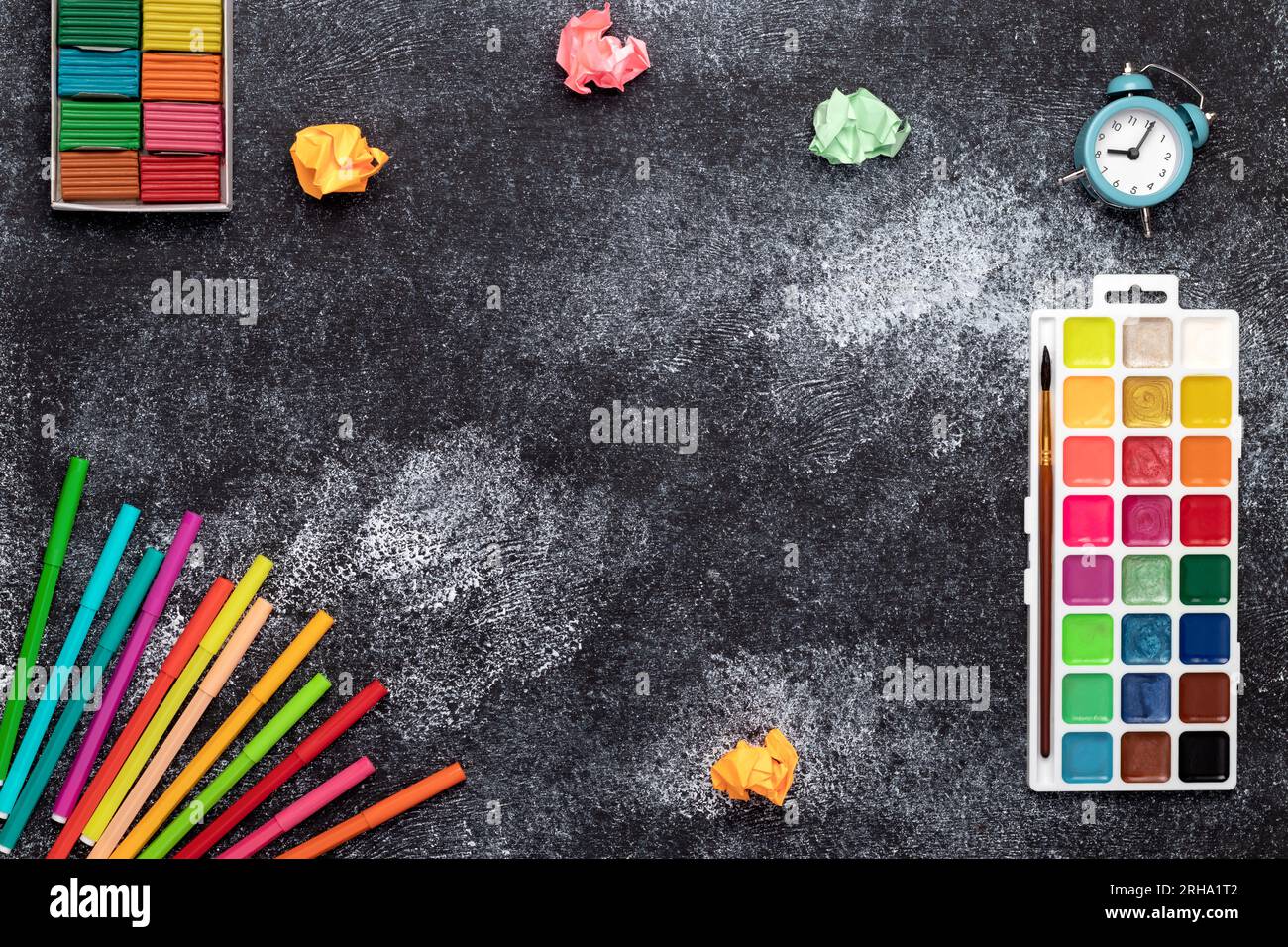 Back to school background. Plasticine for crafts, felt tip coloring ...