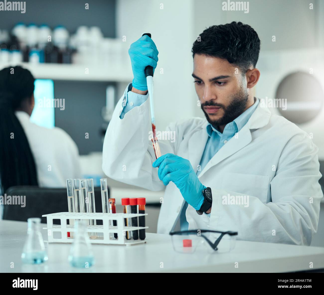 Science, man with blood in pipette and laboratory research, results and ...