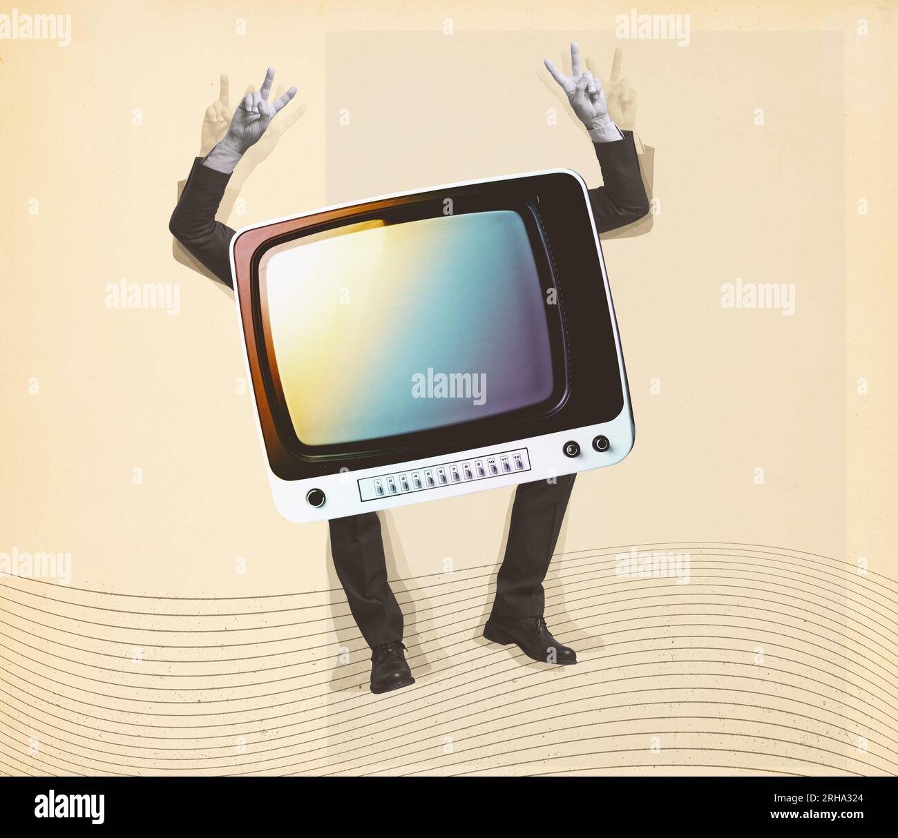 Funny vintage TV character with human arms and legs, vintage collage ...