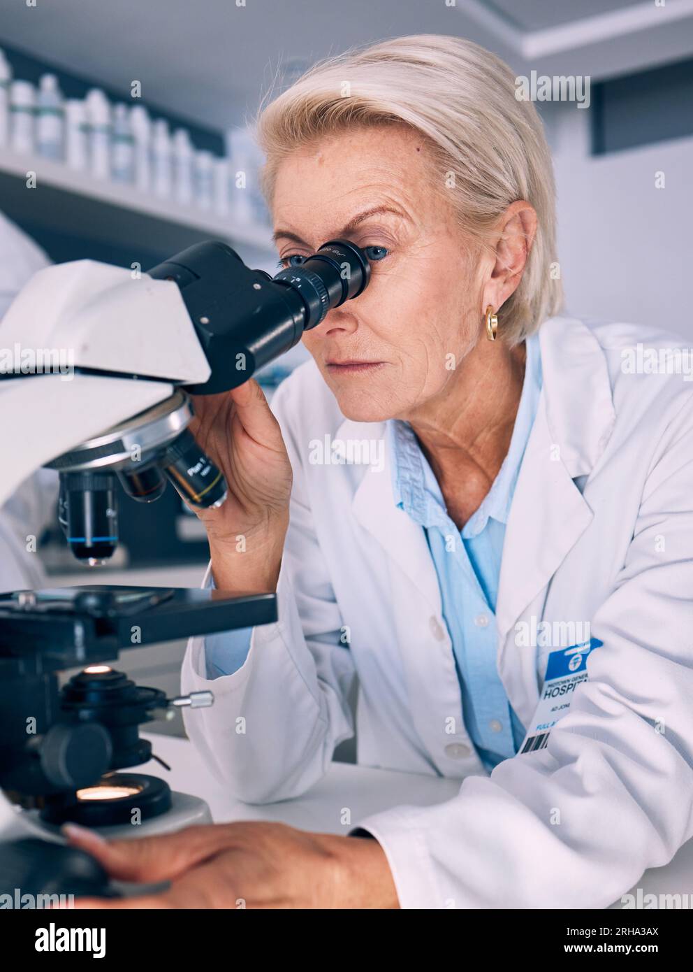 Science woman, microscope analysis and lab for medical research ...